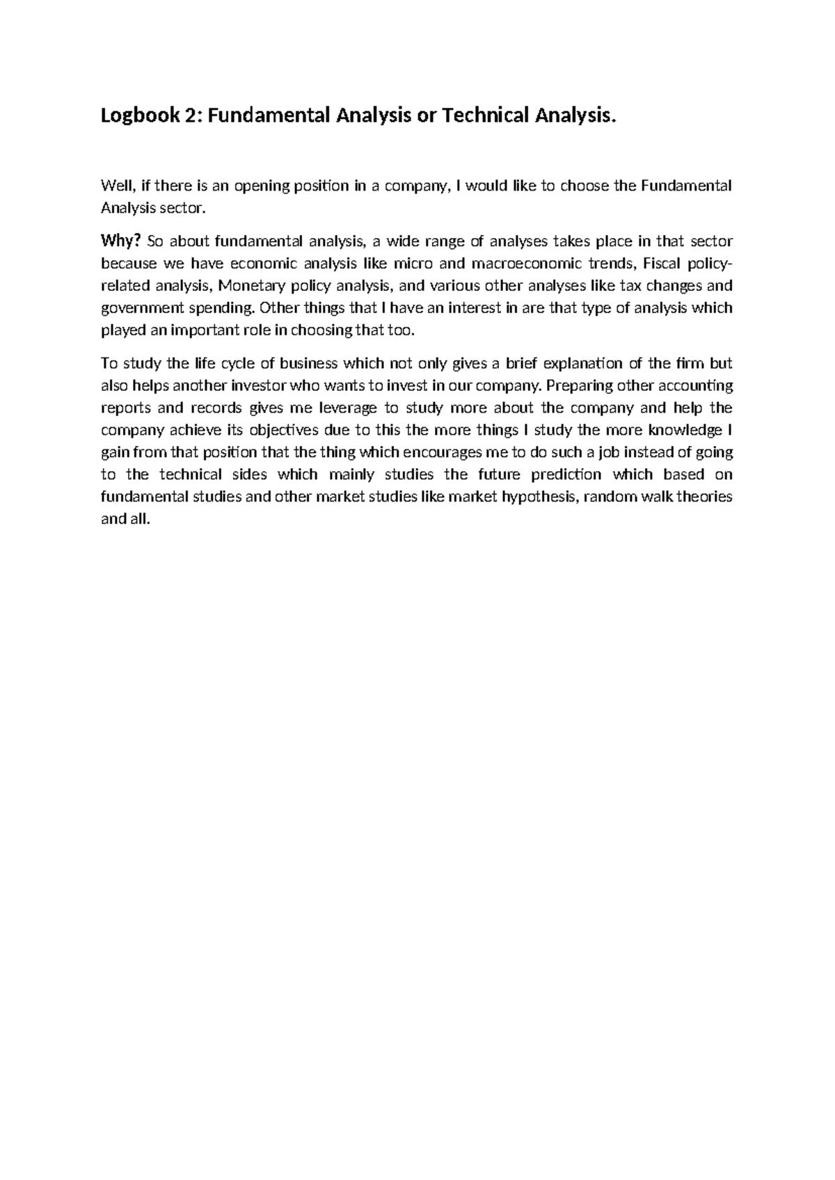 Logbook 2: Choosing Fundamental Analysis Over Technical Analysis - Studocu