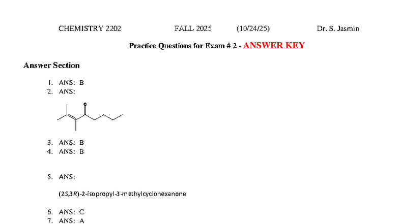 CHEM 2202 FALL 2025 Exam #2 Practice Questions - Answer Key - Studocu