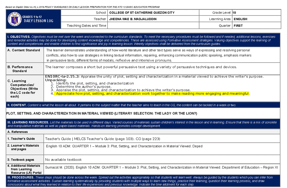 3. LP - Appraising the Unity of Plot, Setting and Characterization - Grade 10 1Q - LESSON PLAN ...