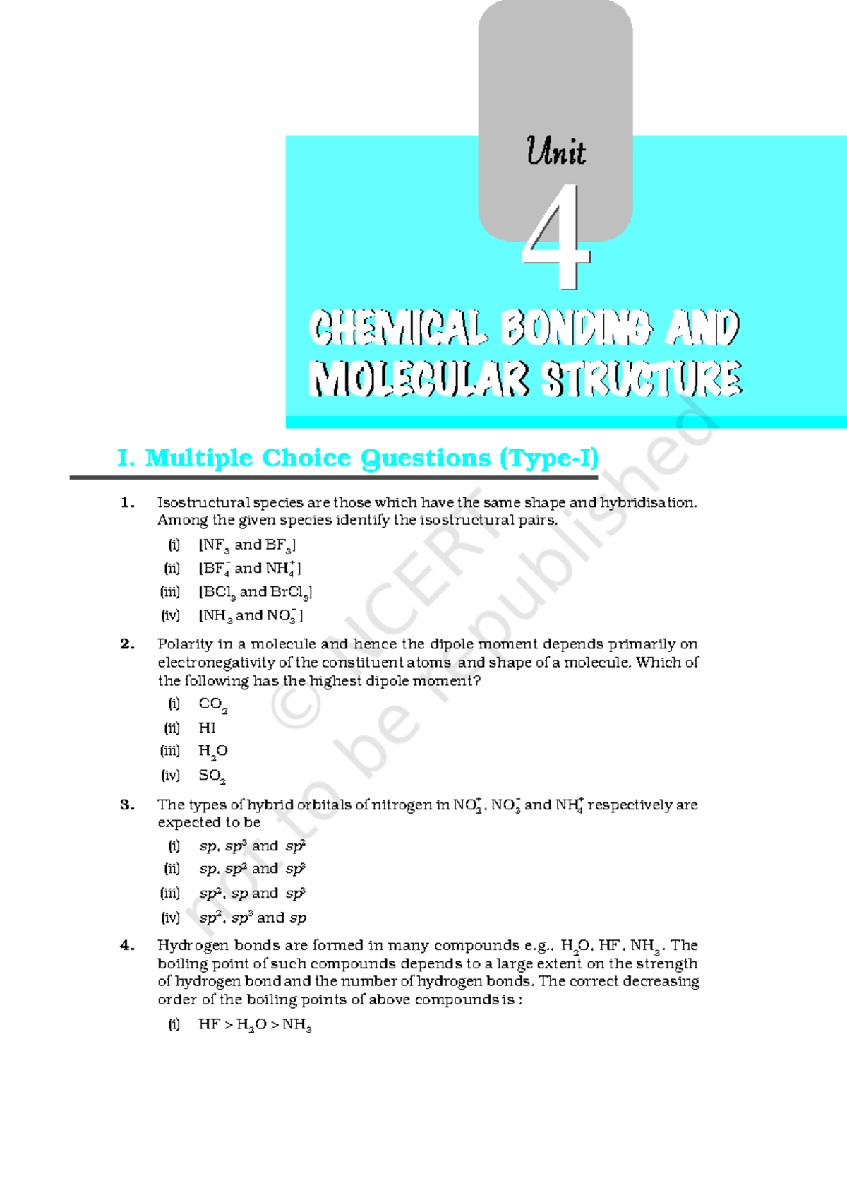 Unit 4: Chemical Bonding and Molecular Structure MCQs (CHEM C3) - Studocu