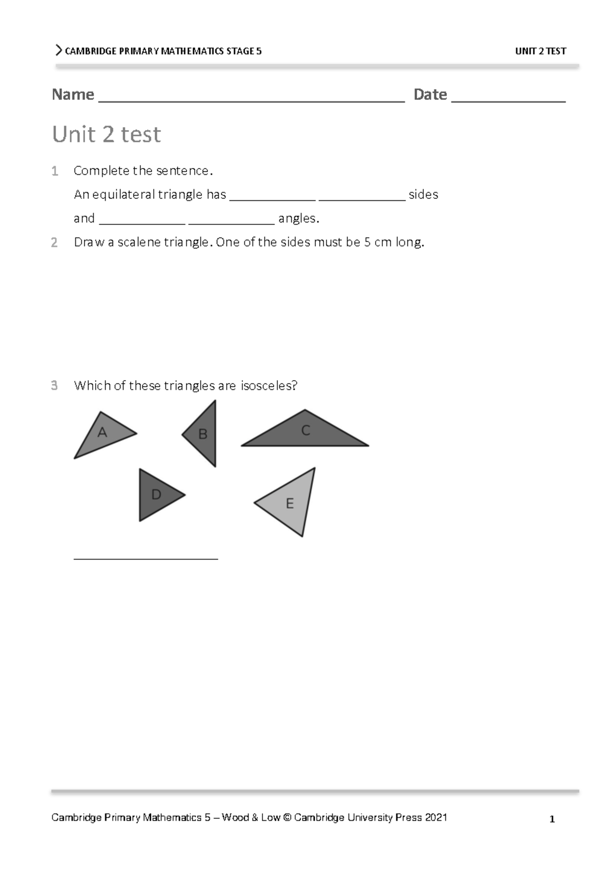 CAMBRIDGE PRIMARY MATHEMATICS STAGE 5 UNIT 2 TEST - MATH SHEET - Studocu
