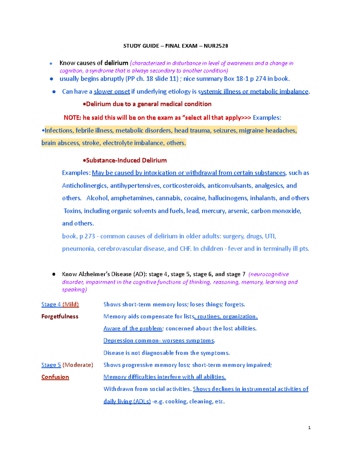 Final Exam Study Guide for NUR2520 - Understanding Delirium & Alzheimer ...