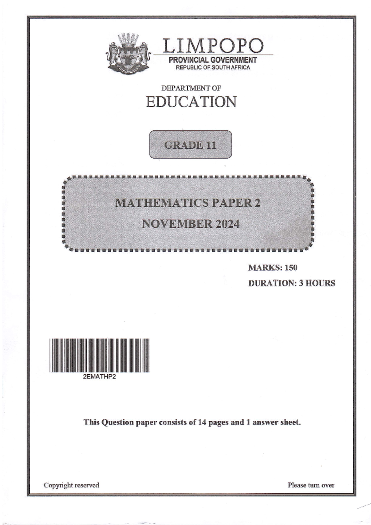 Grade 11 Mathematics Paper 2 November 2024 Question Paper (Limpopo ...