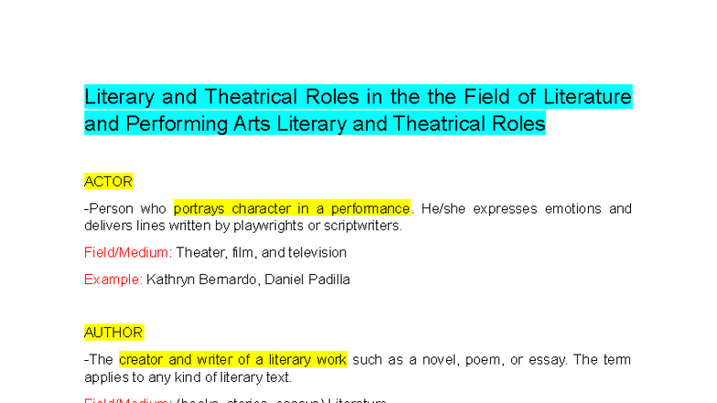 Creative-writing reviewer - Literary and Theatrical Roles in the the ...