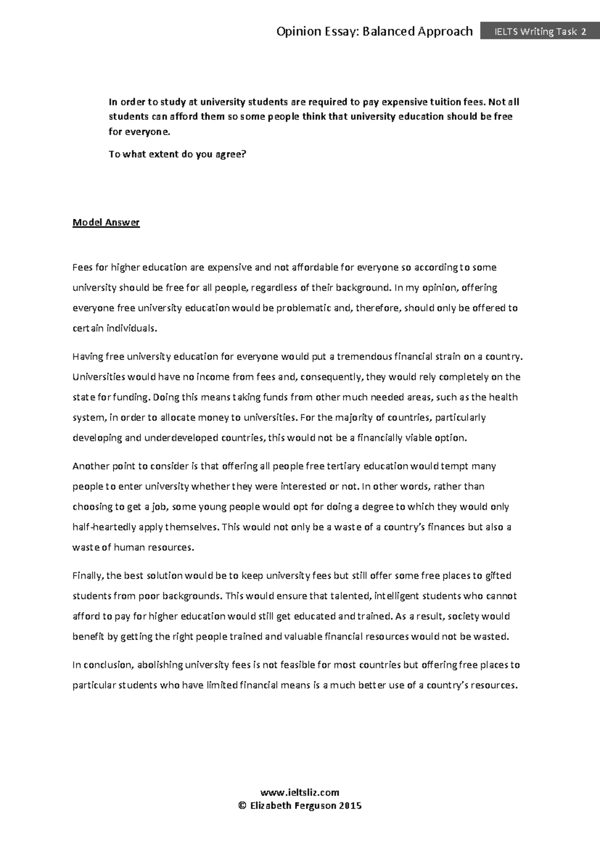 Balanced Opinion Essay Model: IELTS Writing Task 2 - Studocu