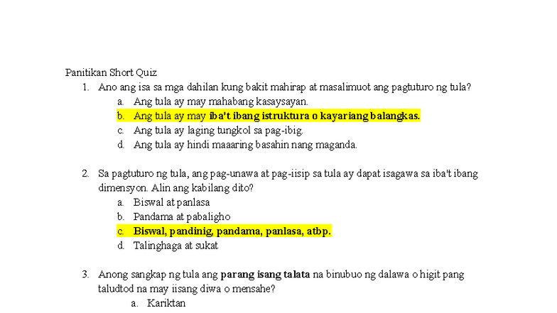 Panitikan Quiz 1: Pagtuturo ng Tula at mga Sangkap - Studocu