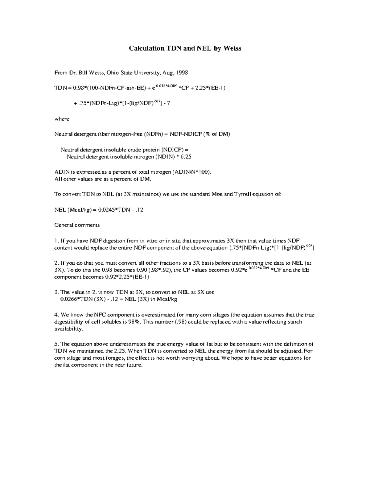 Calculation of TDN and NEL Using Weiss Oardc Energy Equations - Studocu
