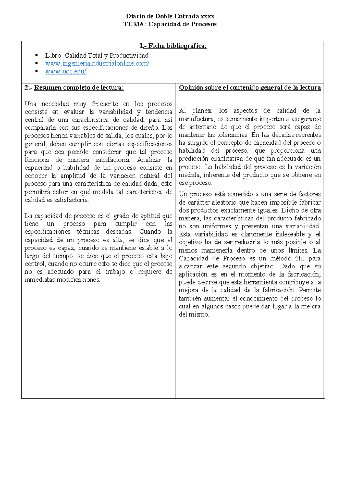 Diario de Doble Entrada: Capacidad de Procesos y Calidad Total - Studocu