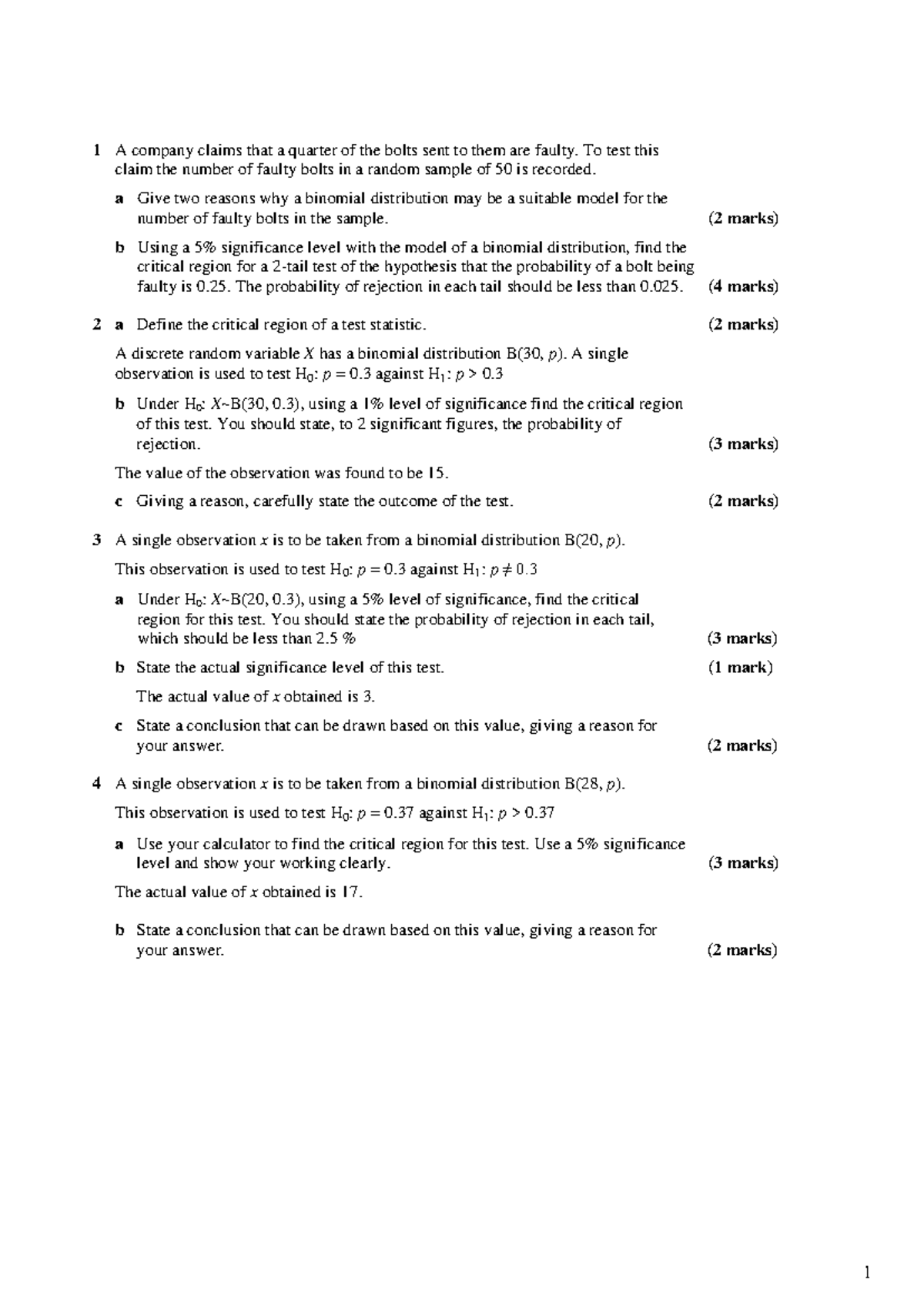 AS Maths Statistics Unit 5 Hypothesis Testing Test - Studocu