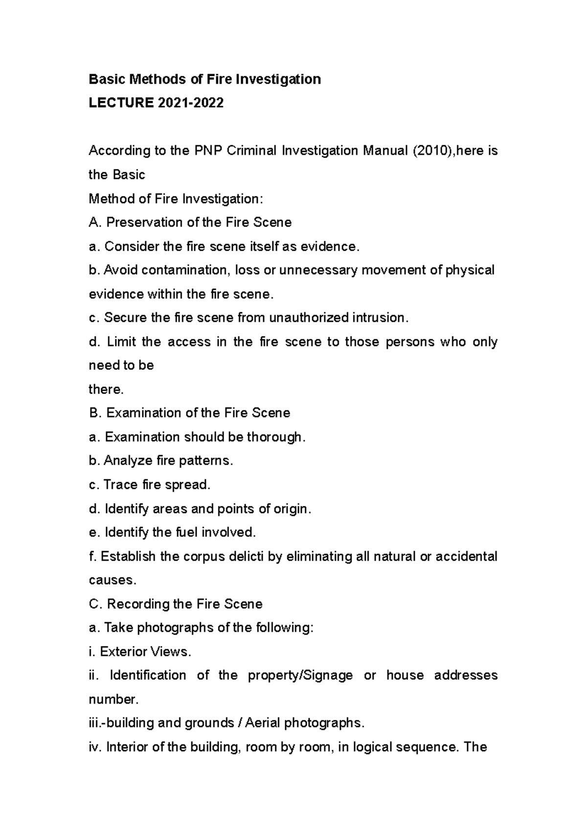 Basic Methods of Fire Investigation Lecture Notes 2021 - Studocu