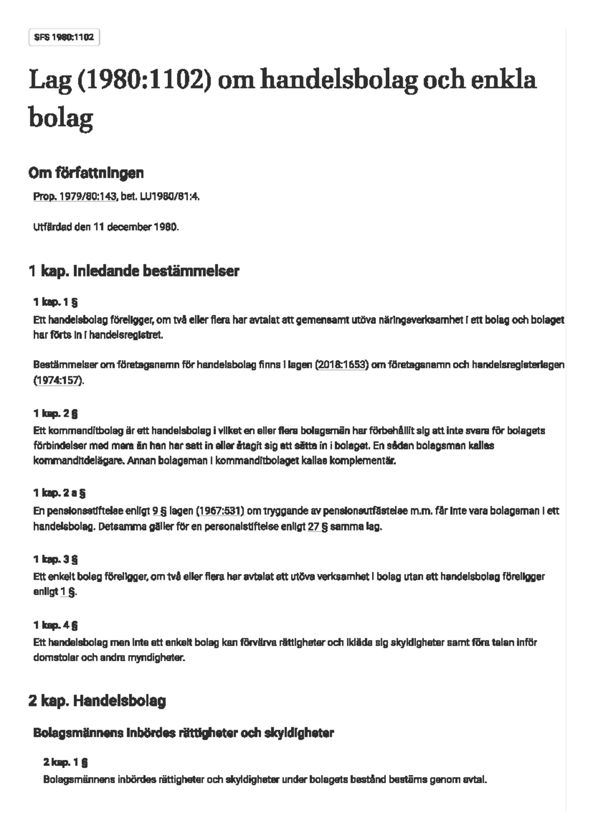 Lag (1980:1102) om Handelsbolag och Enkla Bolag (BL) - Sammanfattning ...