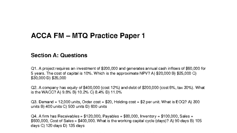 ACCA FM MTQ Practice Paper 1: Key Questions & Answers - Studocu