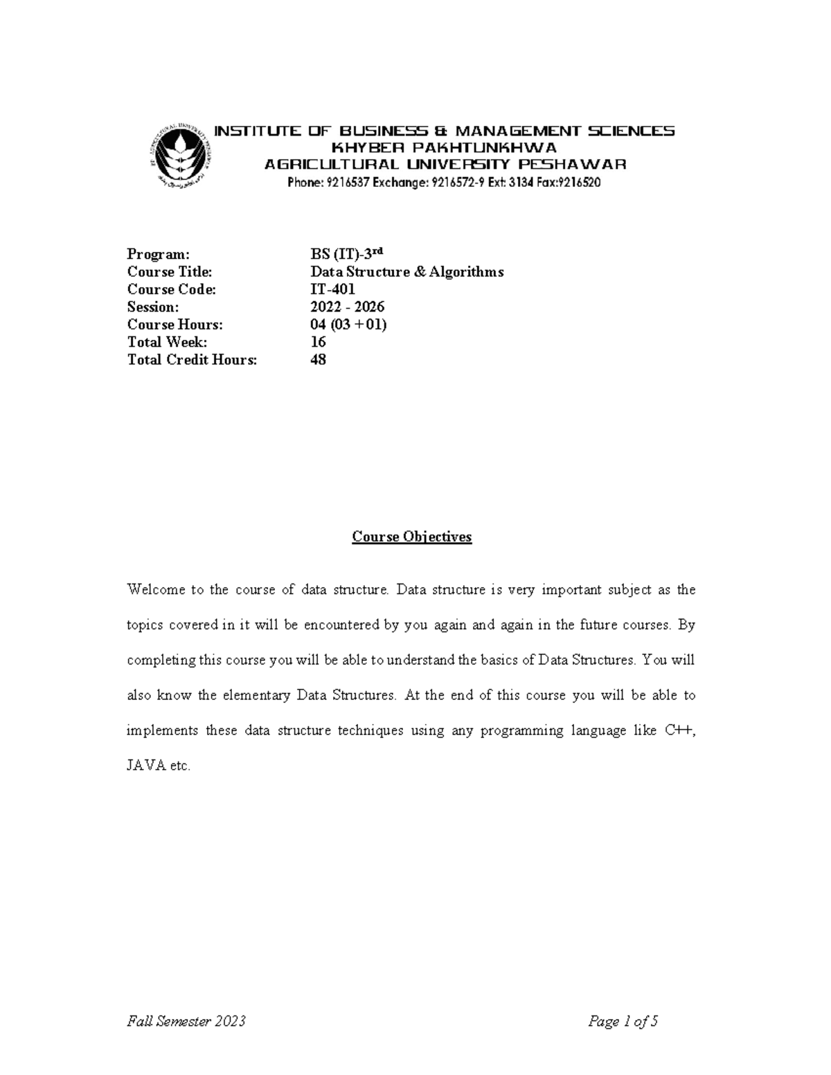 Course Outline: Data Structure & Algorithms (IT-302) Fall 2023 - Studocu
