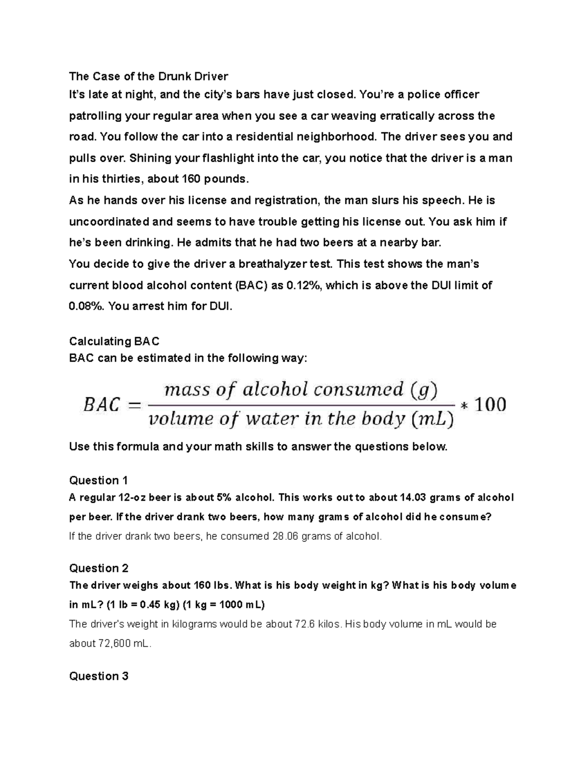Unit 2 Activity: Analyzing DUI Case and BAC Calculations - Studocu