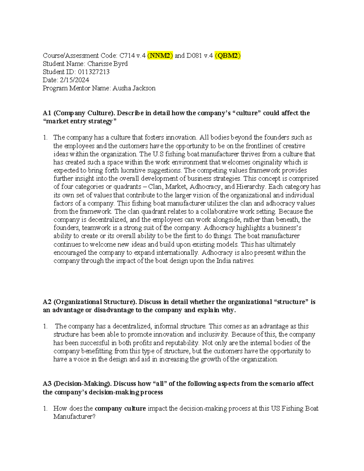 C714 and D081 - Task 1 Submission - Course/Assessment Code: C714 v ...