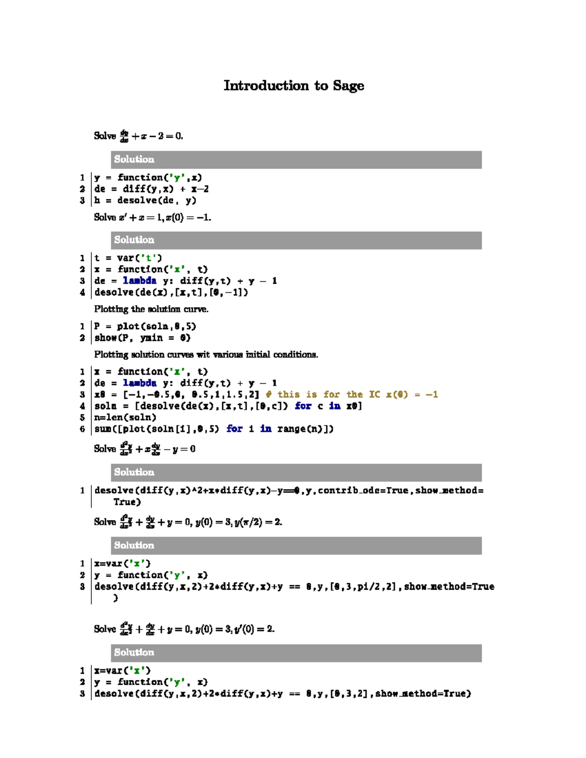 SAGE Exercises Handout 7: Solving Differential Equations - Studocu