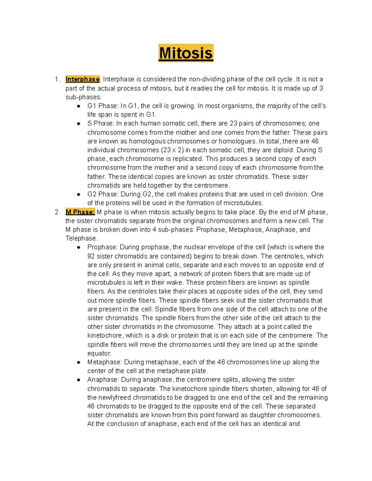 Biology - Mitosis Process Breakdown and Stages Overview - Studocu
