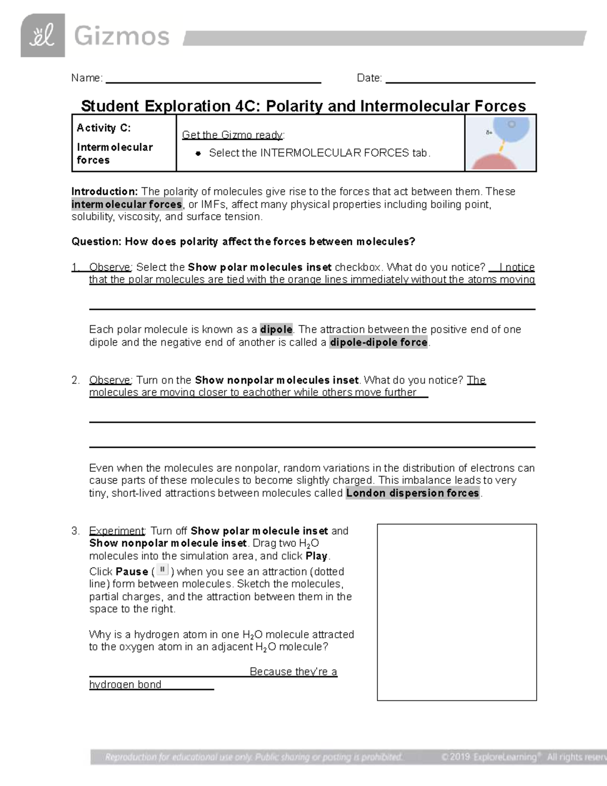 Intermolecular Forces Exploration SE 4C: Polarity & Forces Activity ...