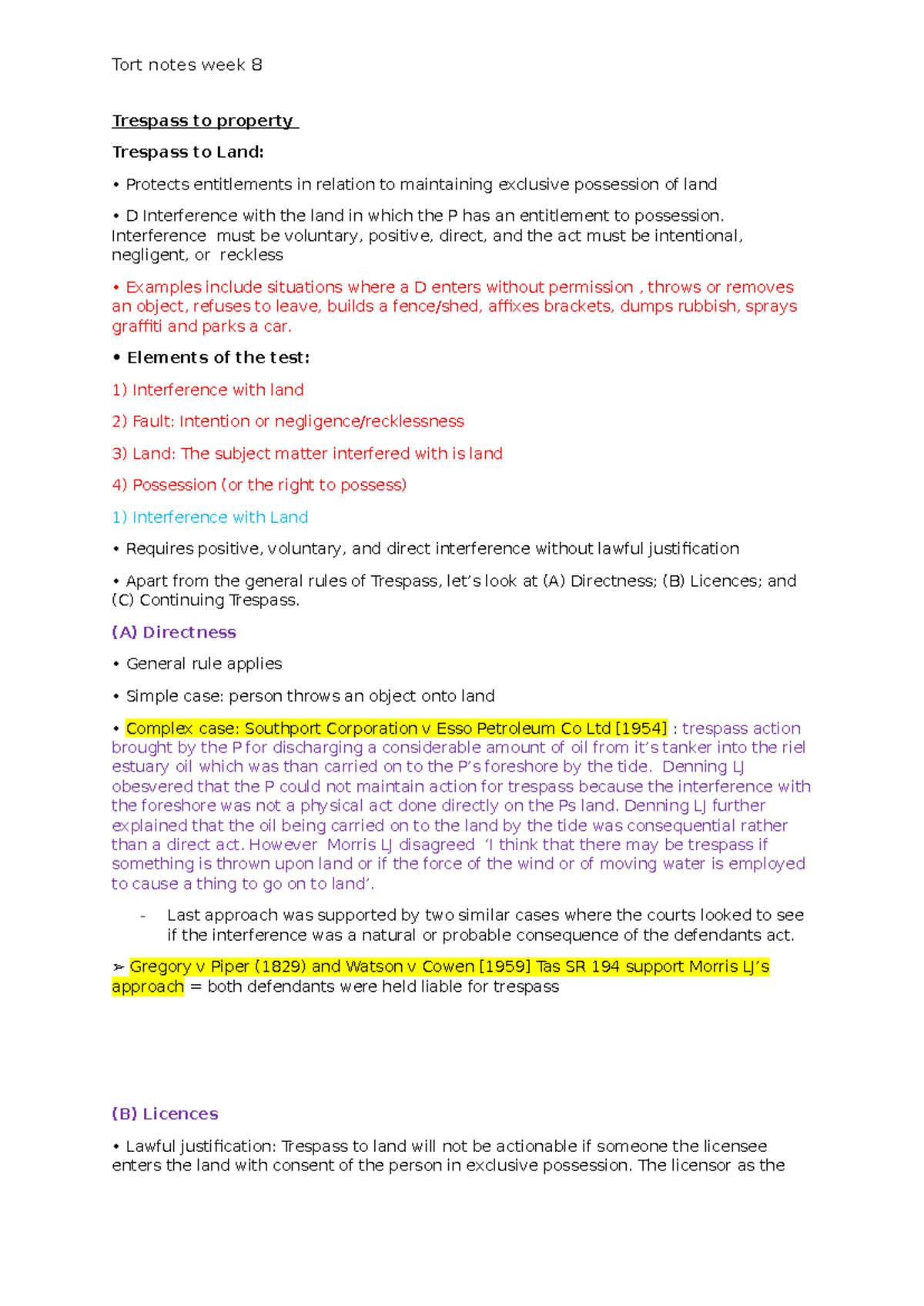 Tort Law Notes: Week 8 - Trespass to Property (Final Exam) - Studocu