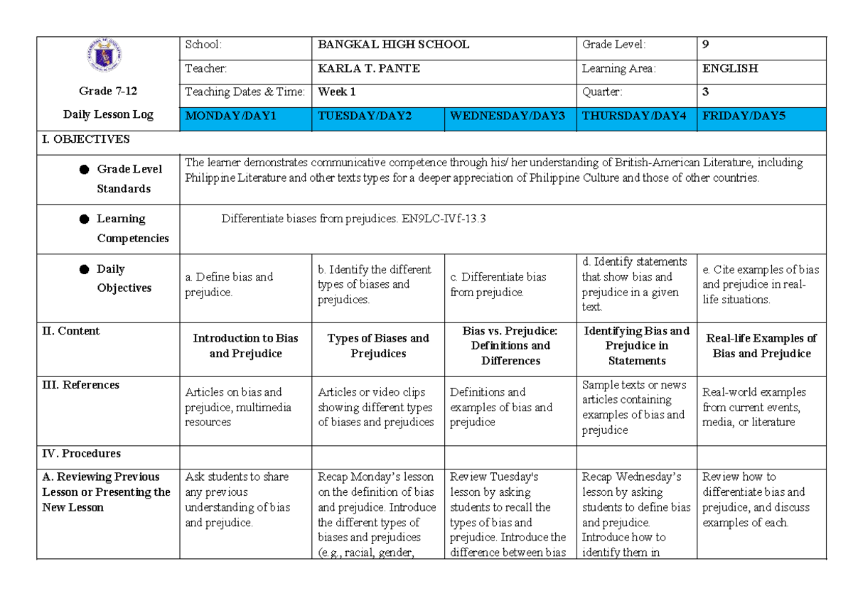 Grade 9 English Daily Lesson Log: Understanding Bias and Prejudice ...