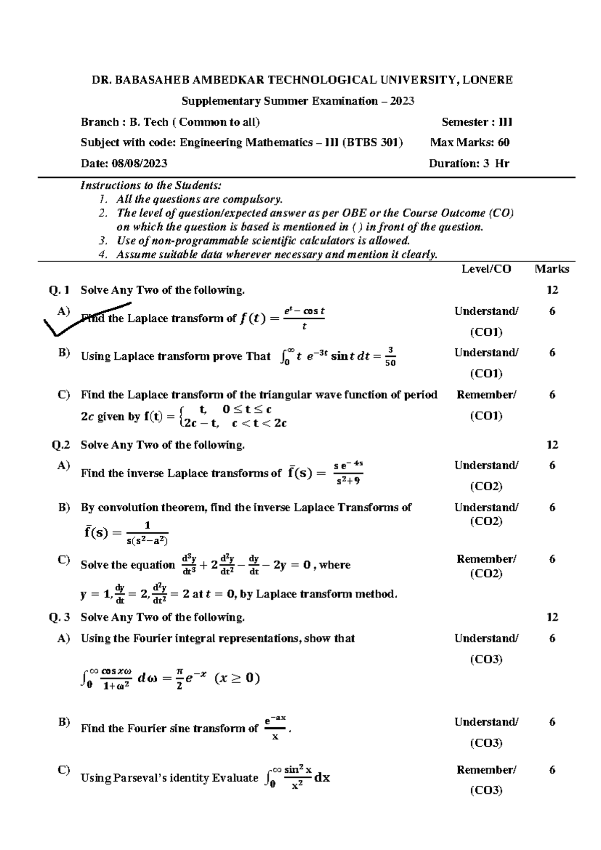 Engineering Mathematics-III (BTBS 301) Supplementary Exam 2023 - Studocu