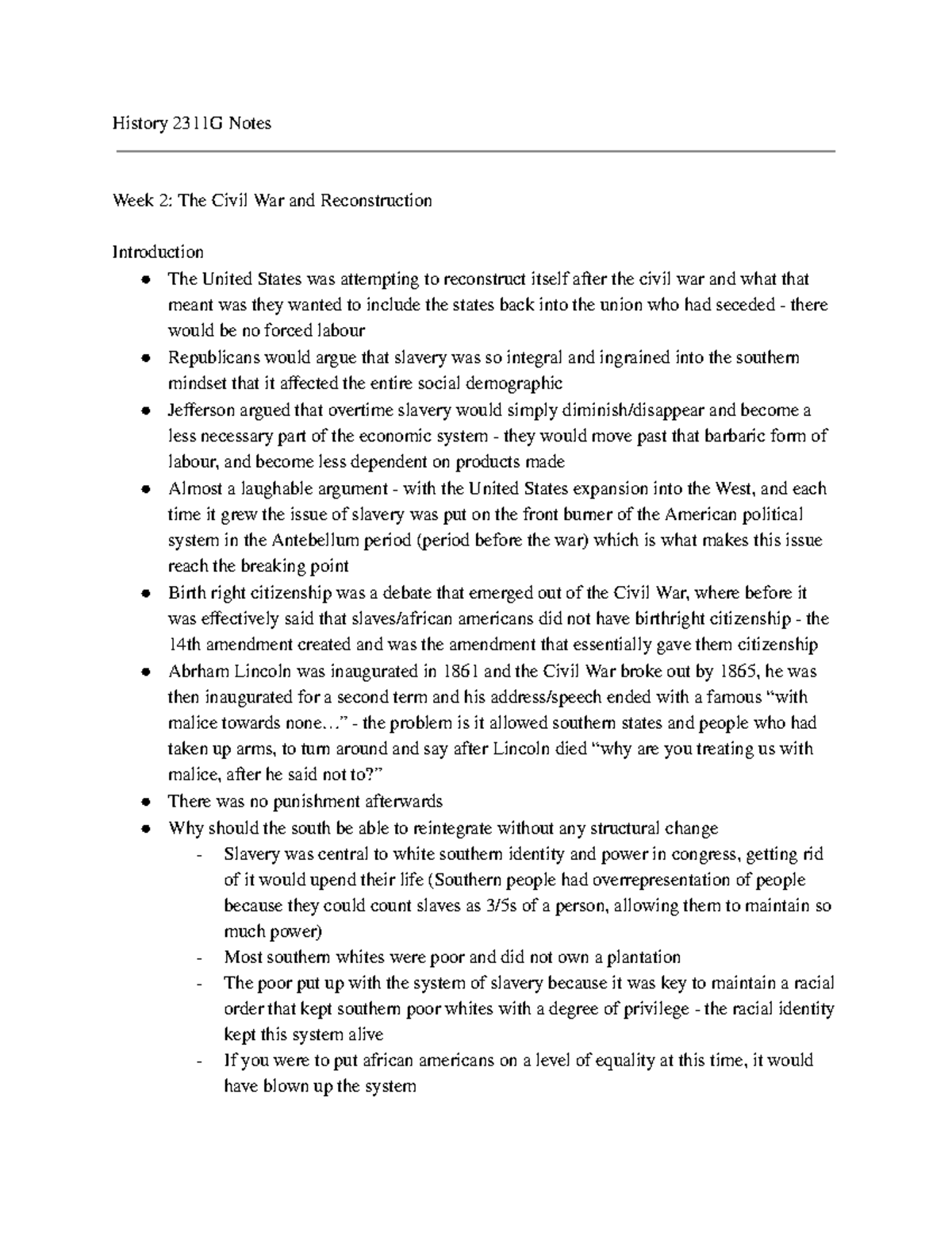 History 2311G Notes - Week 2: Civil War & Reconstruction Overview - Studocu