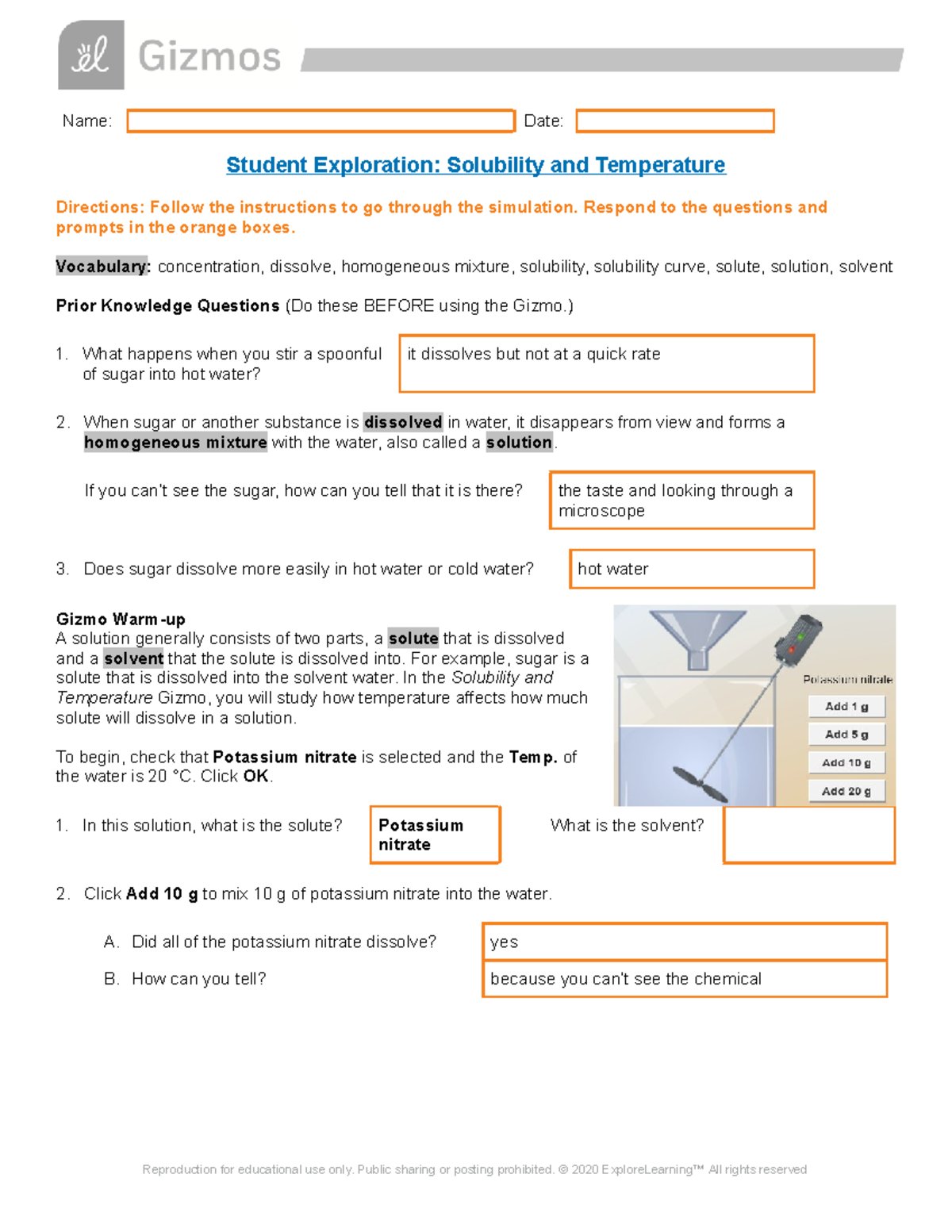 Solubility and Temperature SE Worksheet - Gizmos Exploration Guide ...