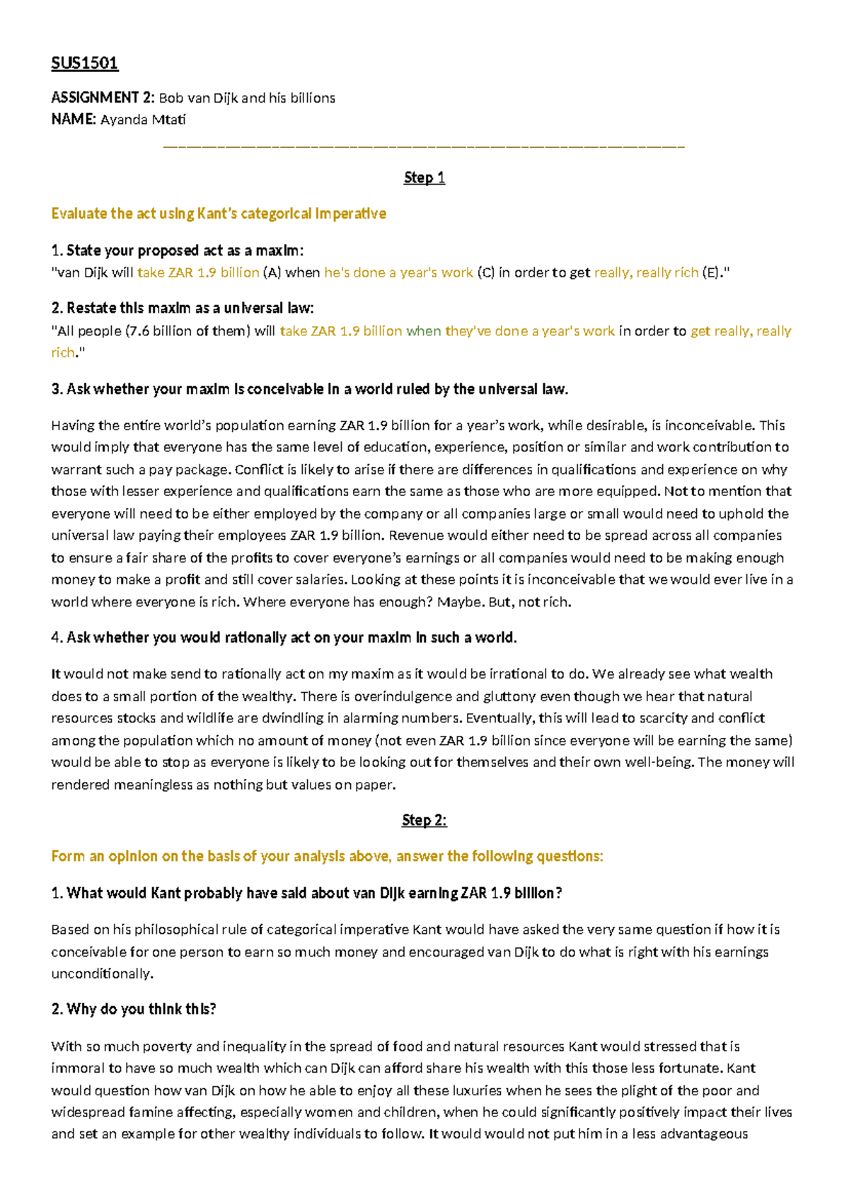 SUS1501 ASSIGNMENT 2: Evaluating Bob van Dijk's Wealth through Kant's ...