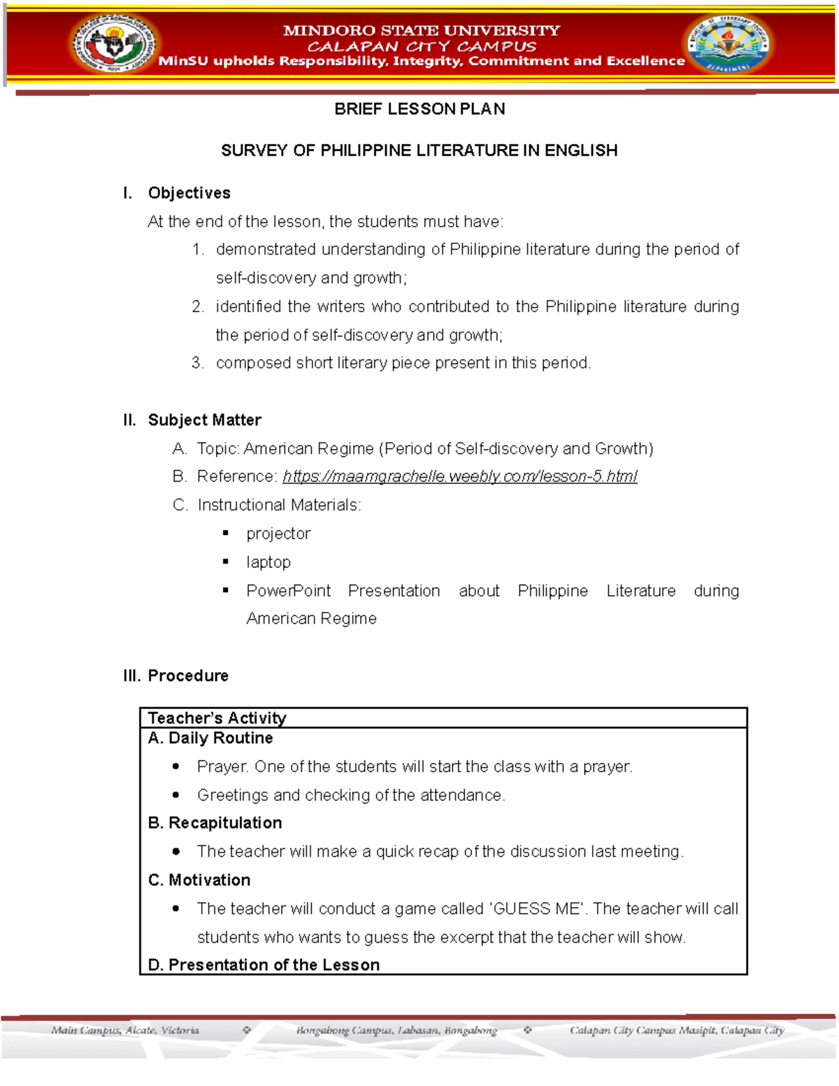 4a Brief Lesson Plan on Philippine Literature during American Regime ...