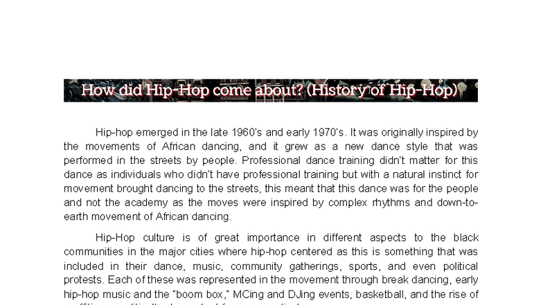 Hip-Hop Dance History: Cultural Roots and Evolution - Studocu