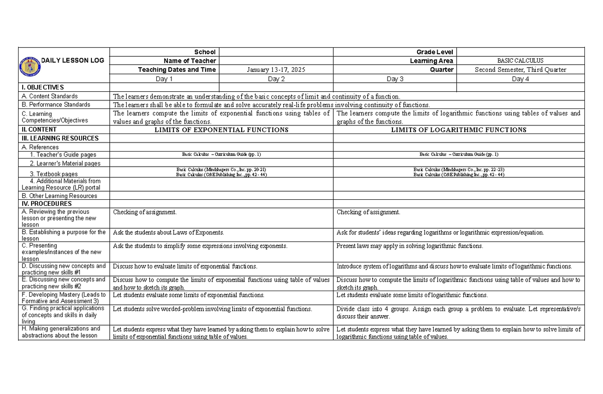 Daily Lesson Log - Limits of Exponential and Logarithmic Functions ...