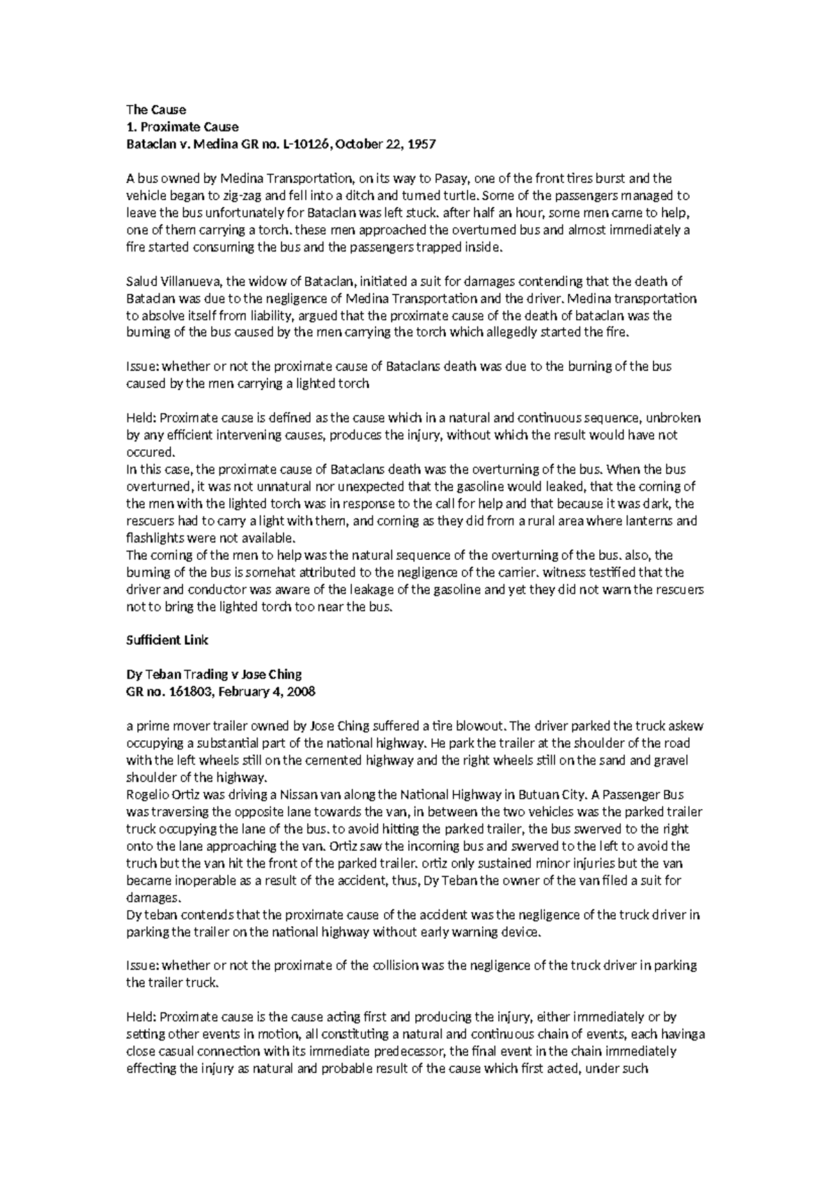 Torts and Damages Reviewer: Proximate Cause and Liability Cases - Studocu