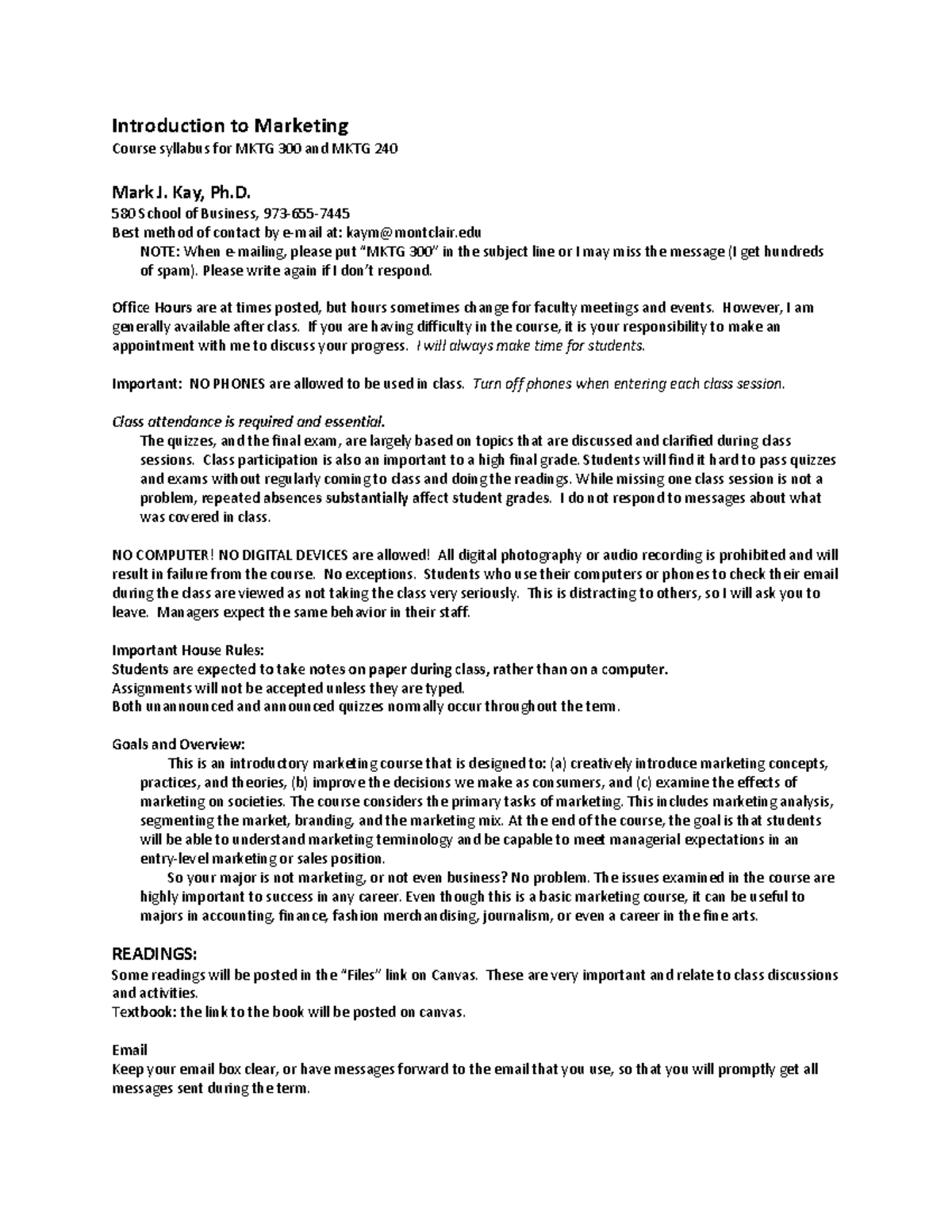 MKTG 300 & MKTG 240 Intro to Marketing Course Syllabus & Policies - Studocu