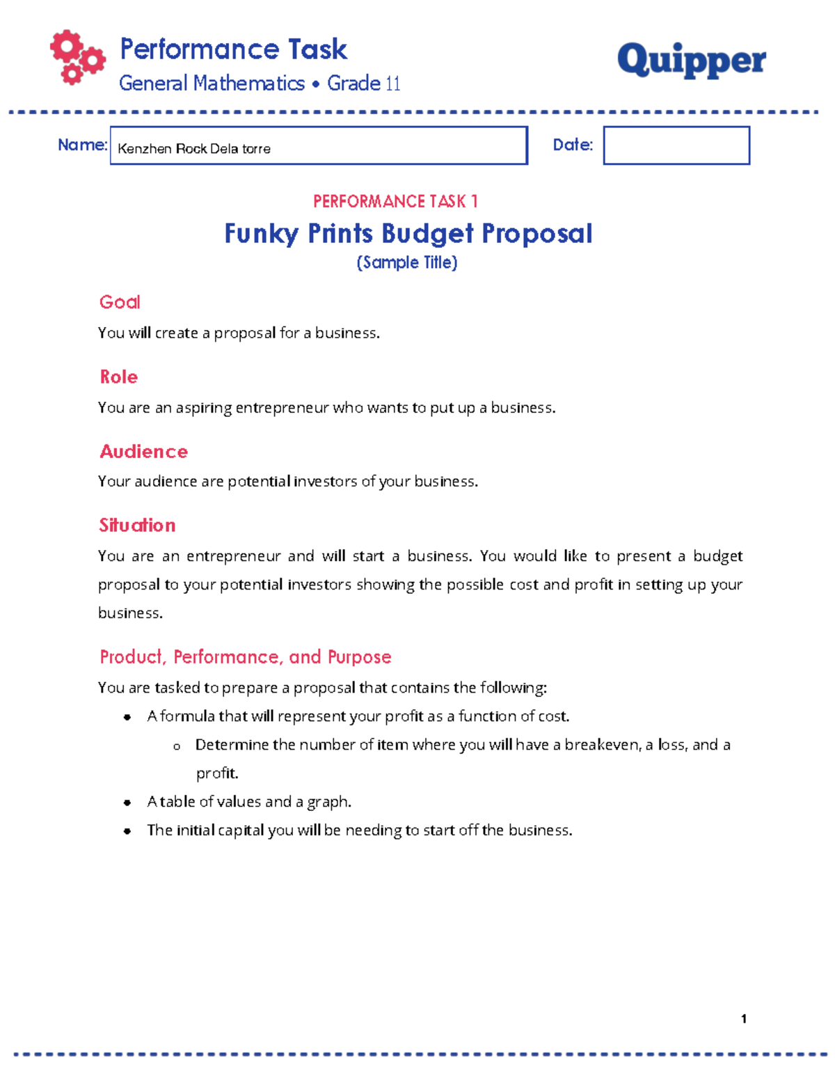 General Mathematics Performance Task 1: Budget Proposal for Business ...