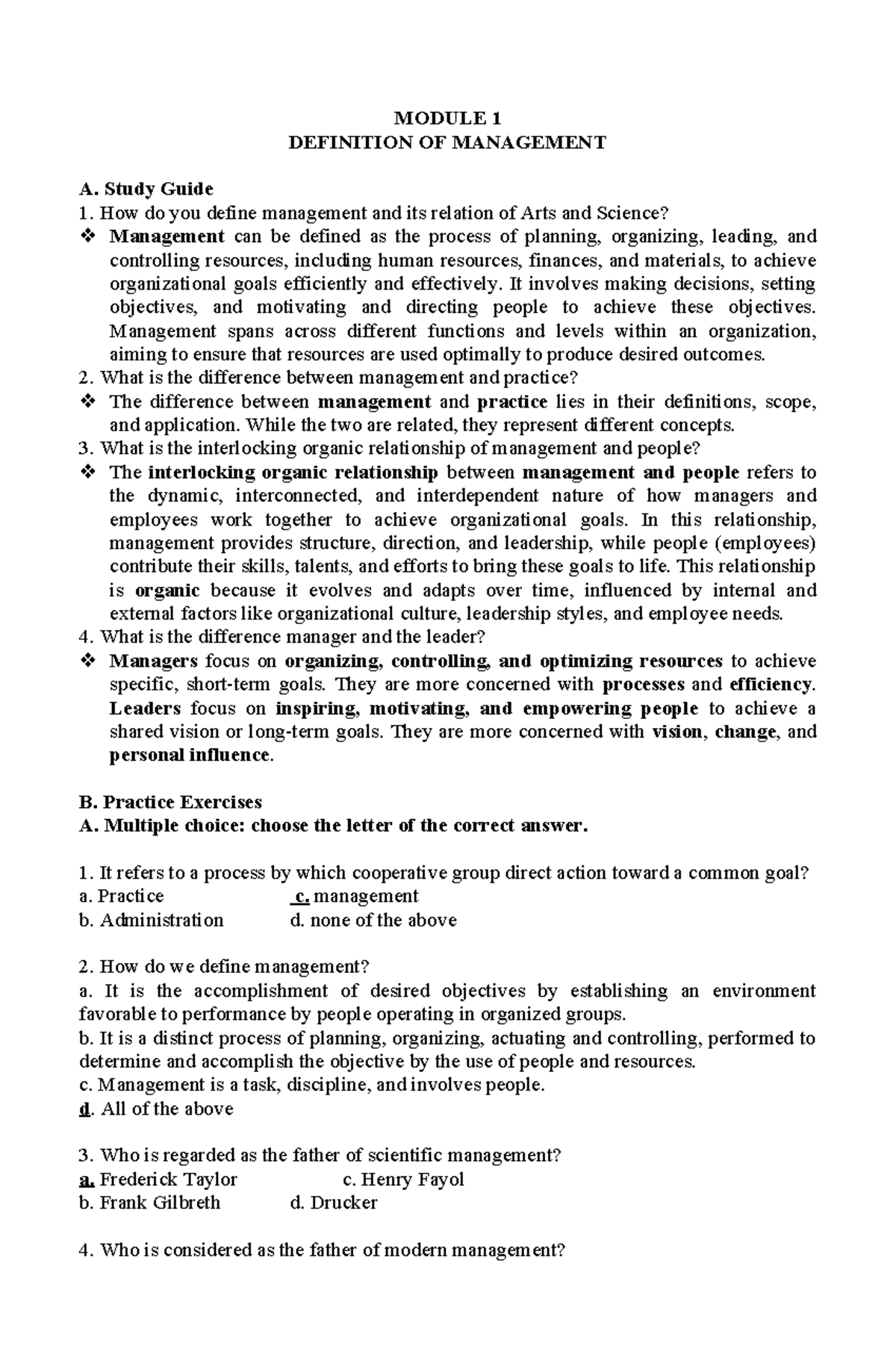 MODULE 1 STUDY GUIDE: DEFINING MANAGEMENT AND ITS PRINCIPLES - Studocu