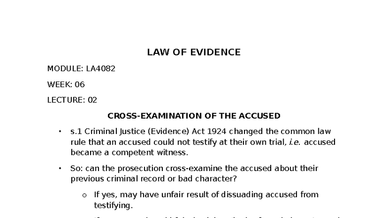 LA4082 WEEK 06 LECTURE 02: The Accused and Bad Character Evidence - Studocu