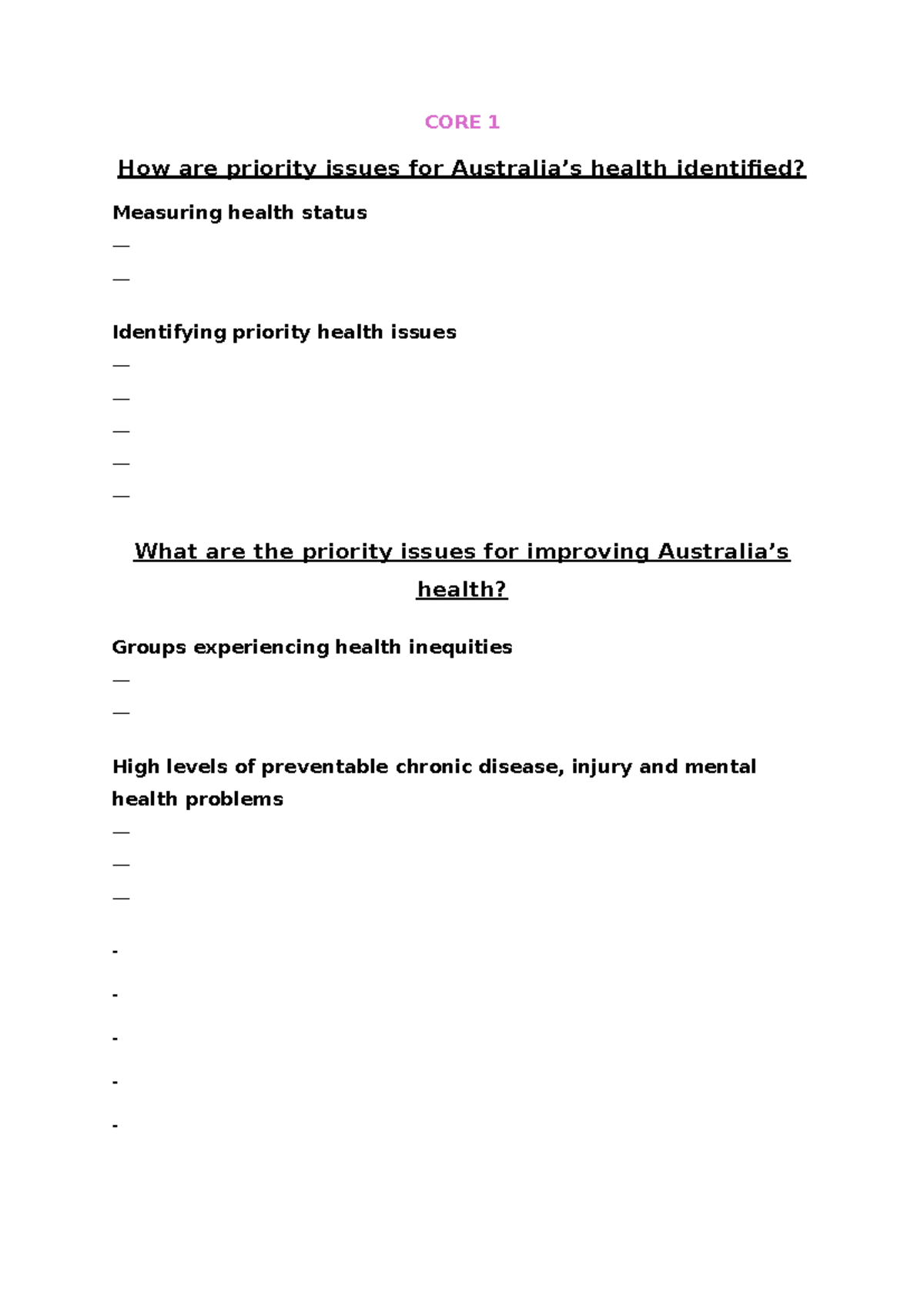 CORE 1 Health Priorities and Young People's Wellbeing Syllabus - Studocu