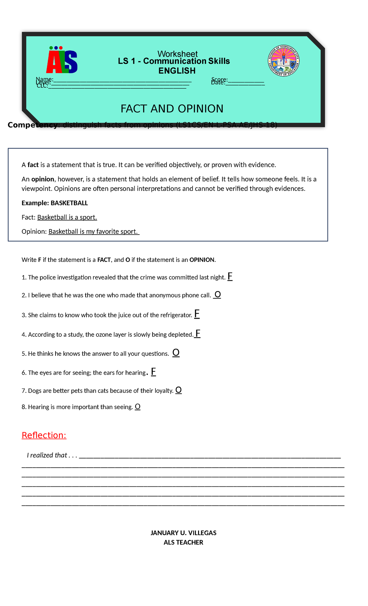 FACT-AND- Opinion - Worksheet - A fact is a statement that is true. It ...