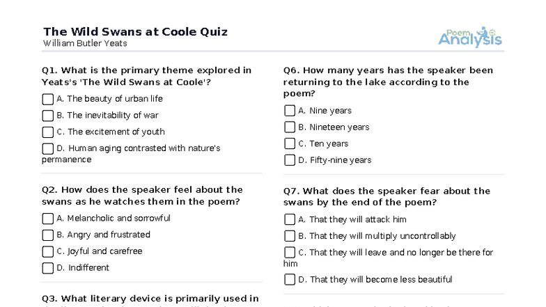 The Wild Swans at Coole Quiz (ENG 101) - Key Themes & Analysis - Studocu