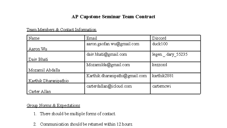 AP Capstone Seminar Team Contract & Communication Guidelines - Studocu
