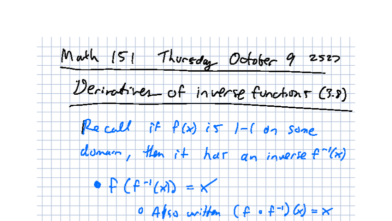 Lecture 12: Derivatives of Inverse Functions & Logarithmic ...