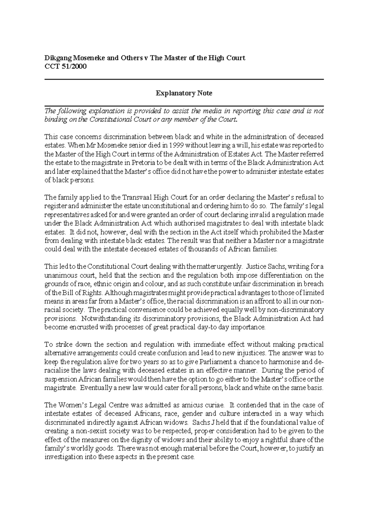 CASE CCT 51/2001 - Moseneke v Master of High Court Summary Analysis ...