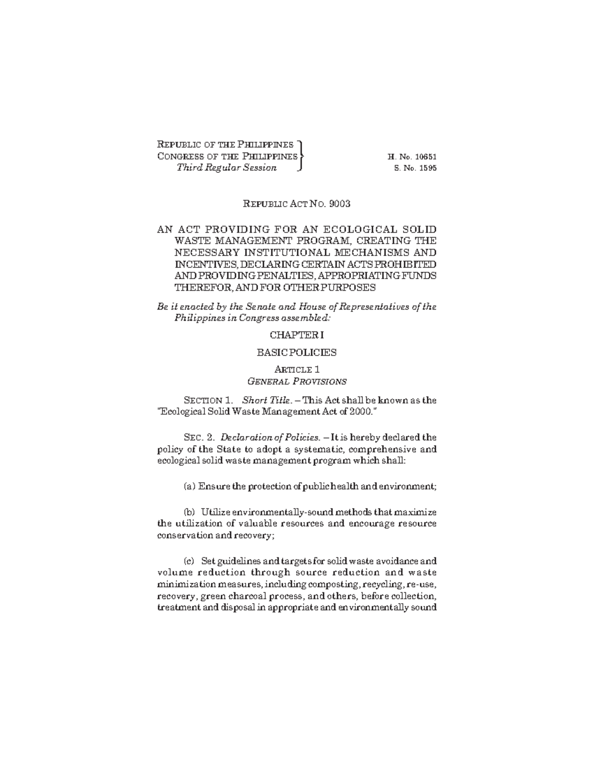 R.A. 9003: Ecological Solid Waste Management Act Explained - Studocu