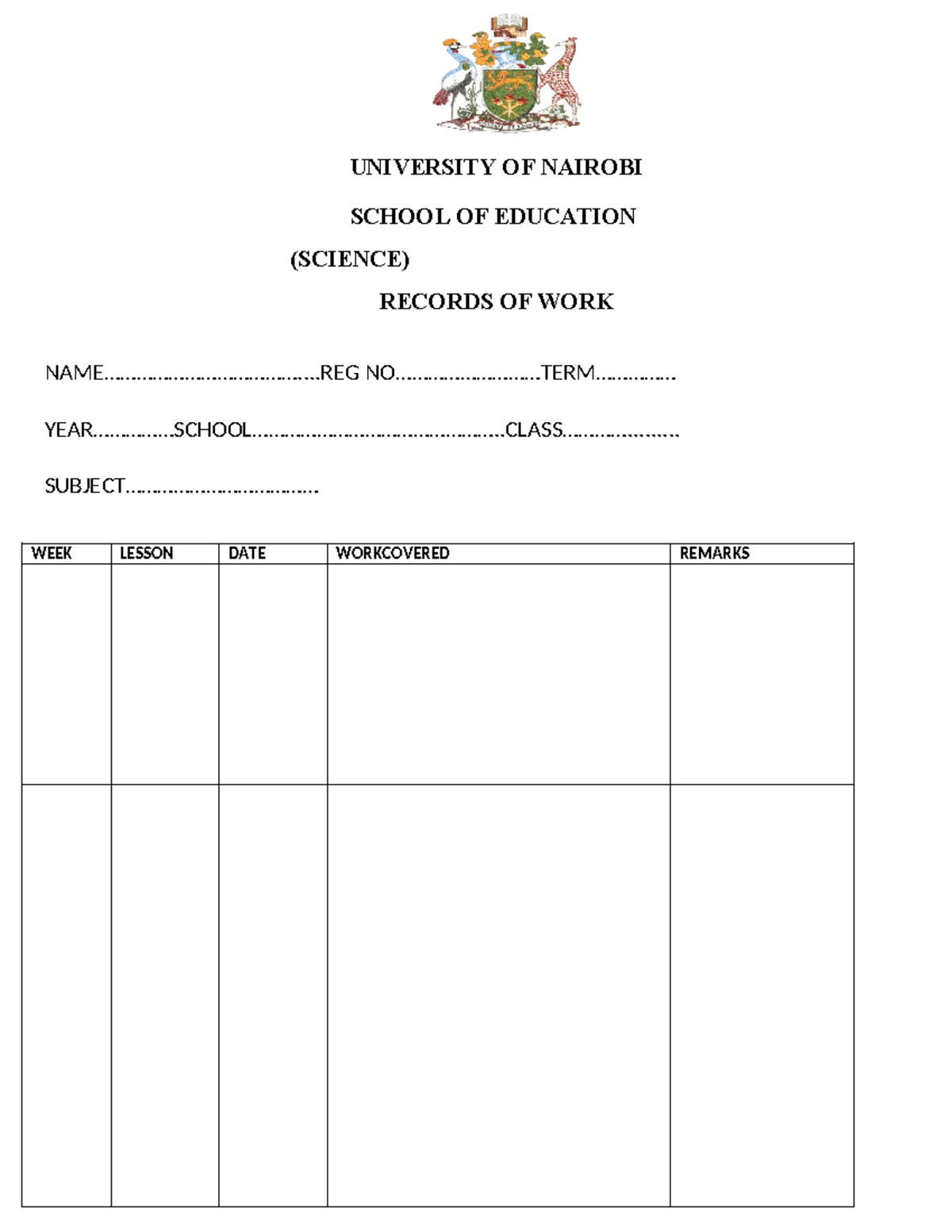 Records OF WORK - For teaching practice - Literature - UNIVERSITY OF ...