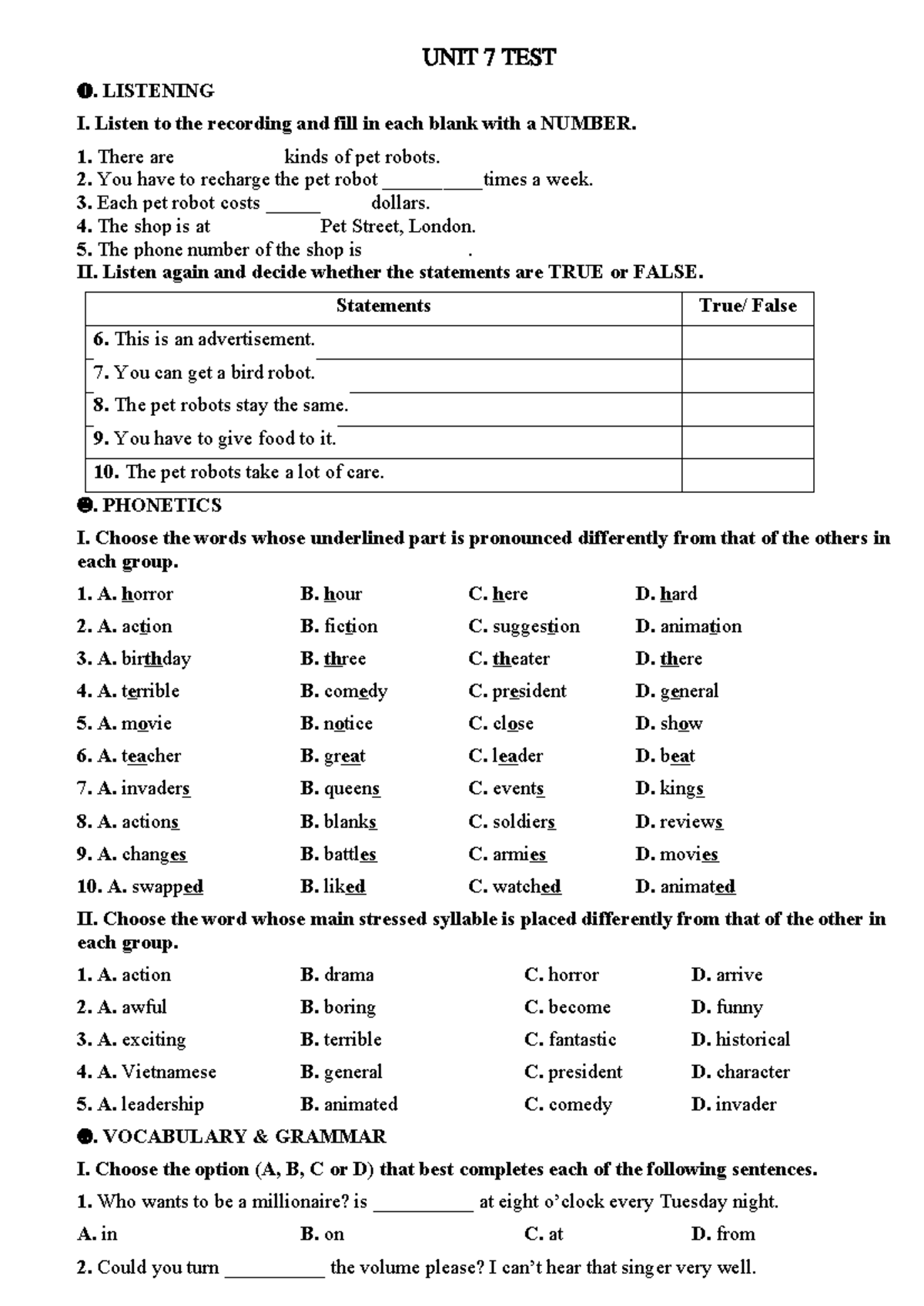 UNIT 7 TEST 2 - LISTENING, PHONETICS, VOCABULARY & SPEAKING - Studocu