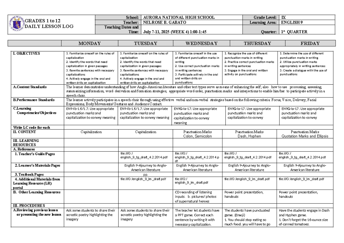 DLL English 9 Q1 W4 - Daily Lesson Log for Capitalization & Punctuation ...