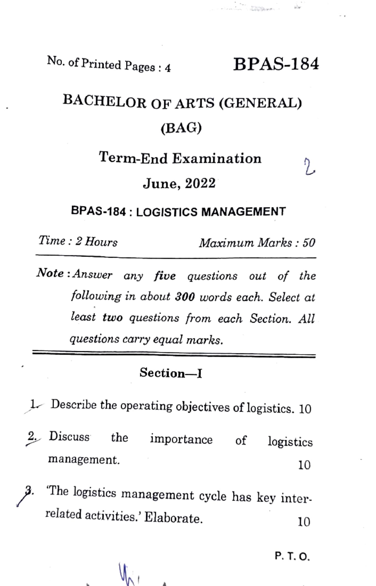 BPAS-184 June-2022 TEE question paper - No. of Printed Pages:4 BPAS ...