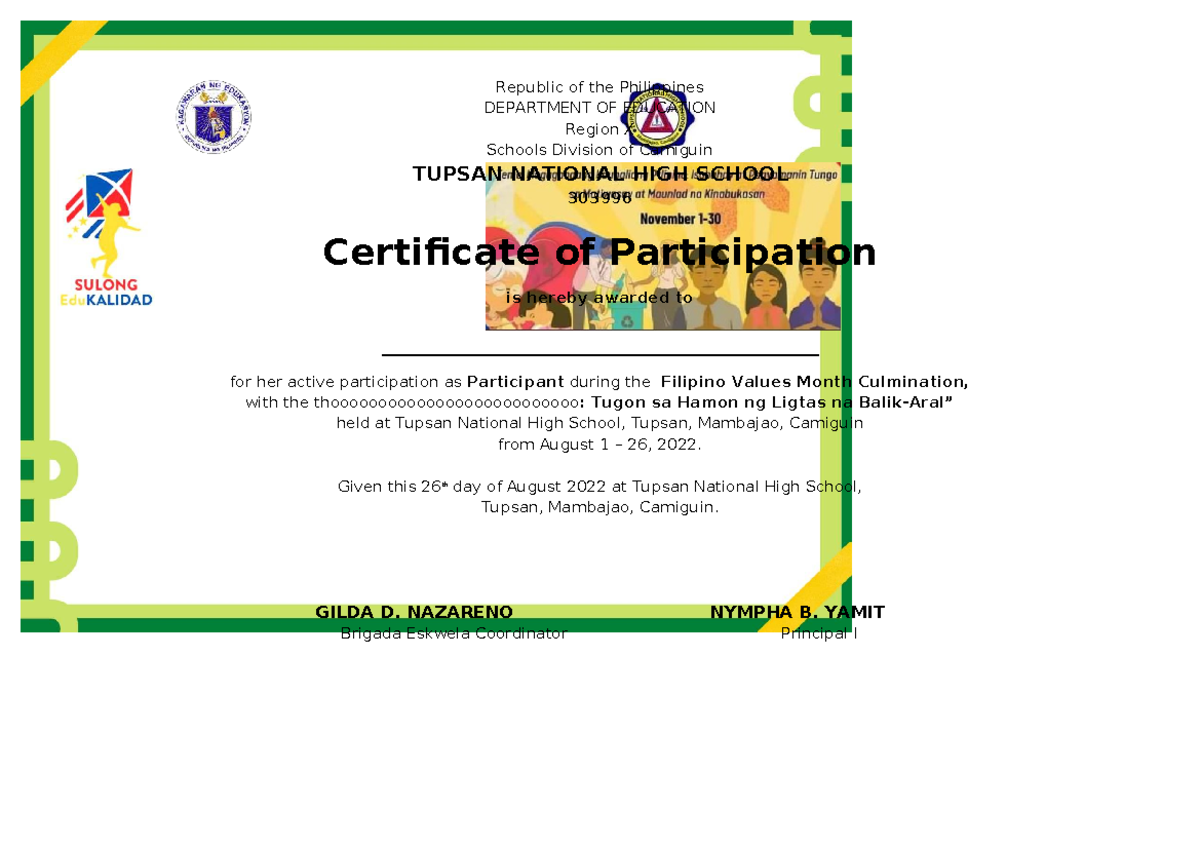 Brigada Certificate of Participation - Tupsan National HS 303996 - Studocu