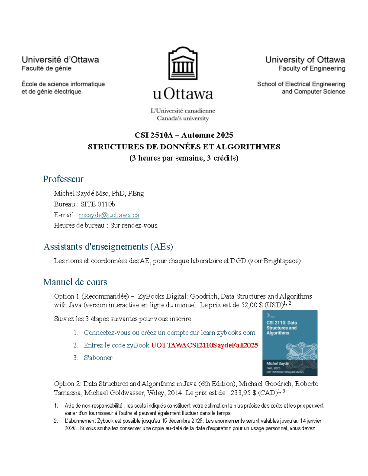 CSI 2510A Automne 2025 Syllabus: Structures de Données et Algorithmes ...