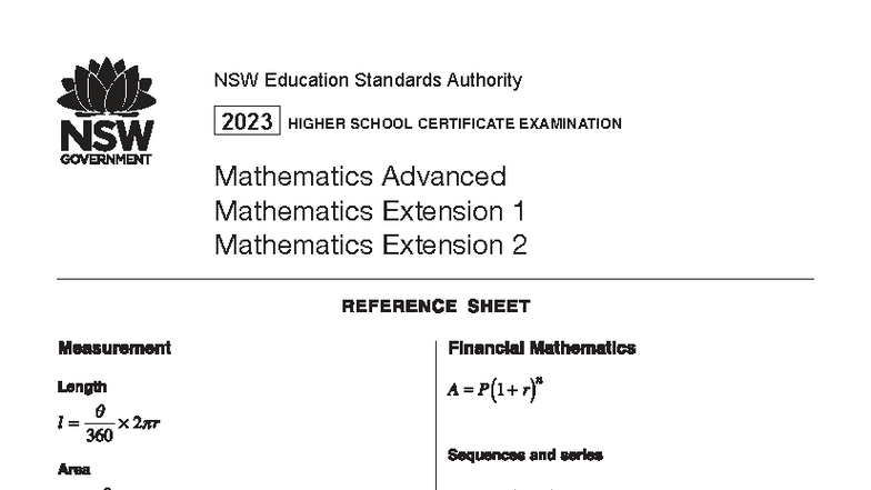 NESA maths-ref-sheet - Reference sheet - – 1 – NSW Education Standards ...